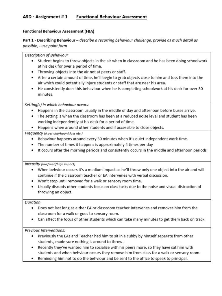 functional behaviour assessment fba | PDF | Behavior | Classroom