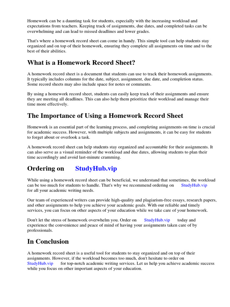 Homework Record Sheet-For Students | PDF | Homework