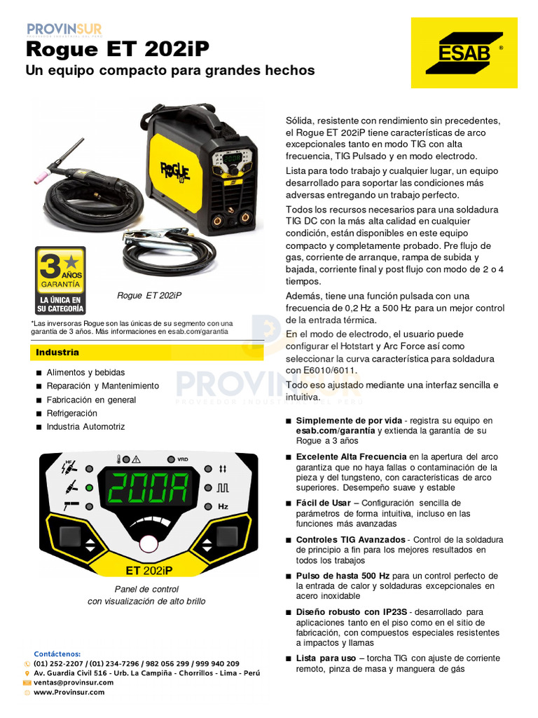 Ficha Tecnica Rogue ET 202iP ESAB PROVINSUR | PDF | Soldadura ...