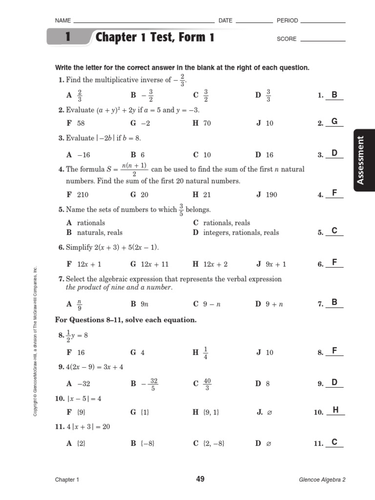 Chapter 1 Test Review Answers | PDF | Inequality (Mathematics ...