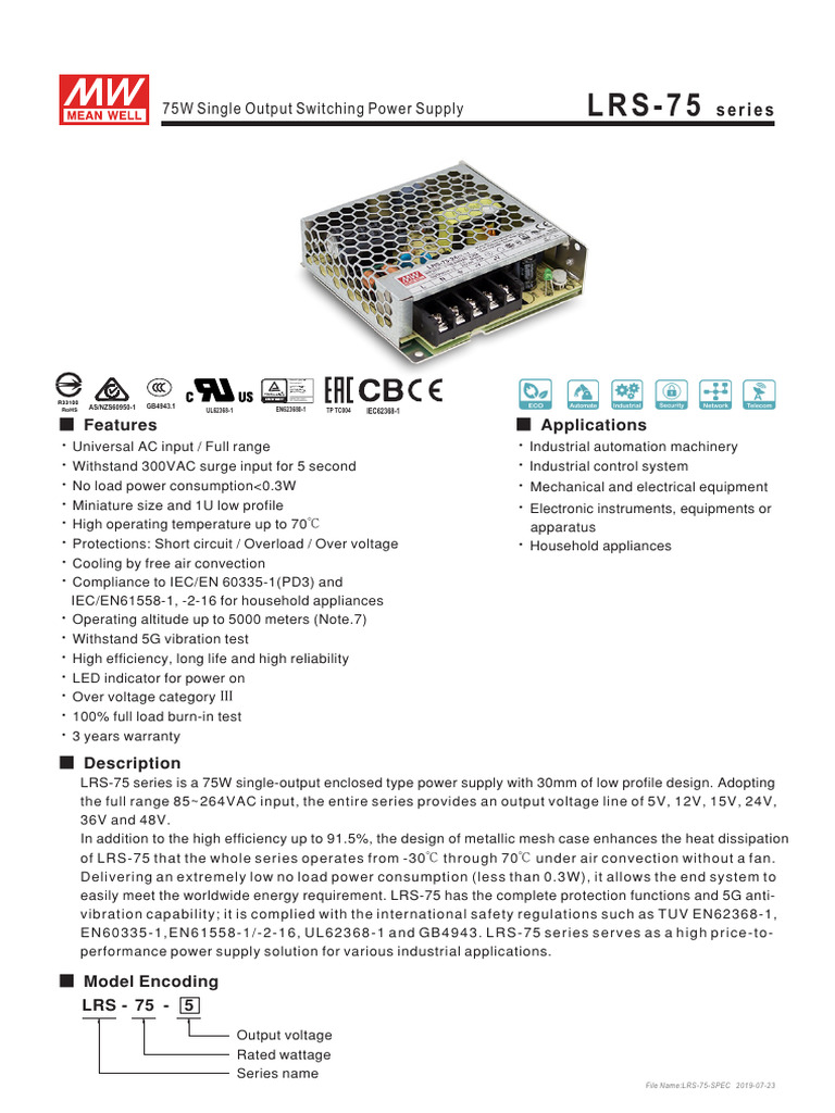 75W Single Output Switching Power Supply: Series | PDF