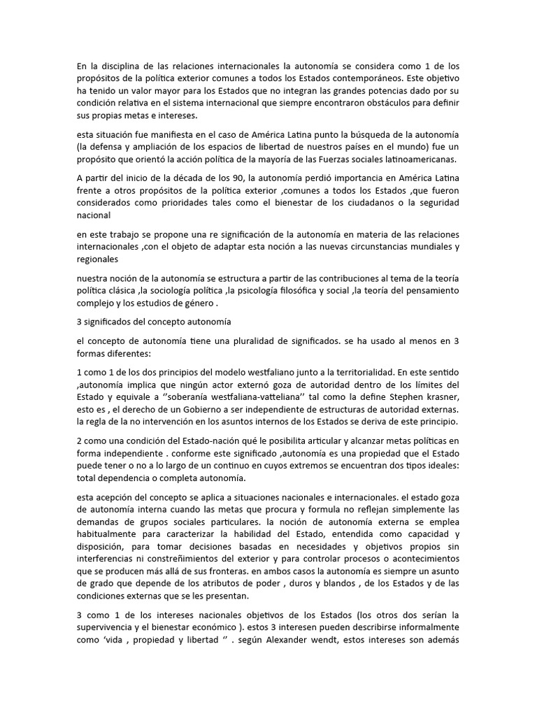 Autonomía en Relaciones Internacionales | PDF | Autonomía | Estado ...