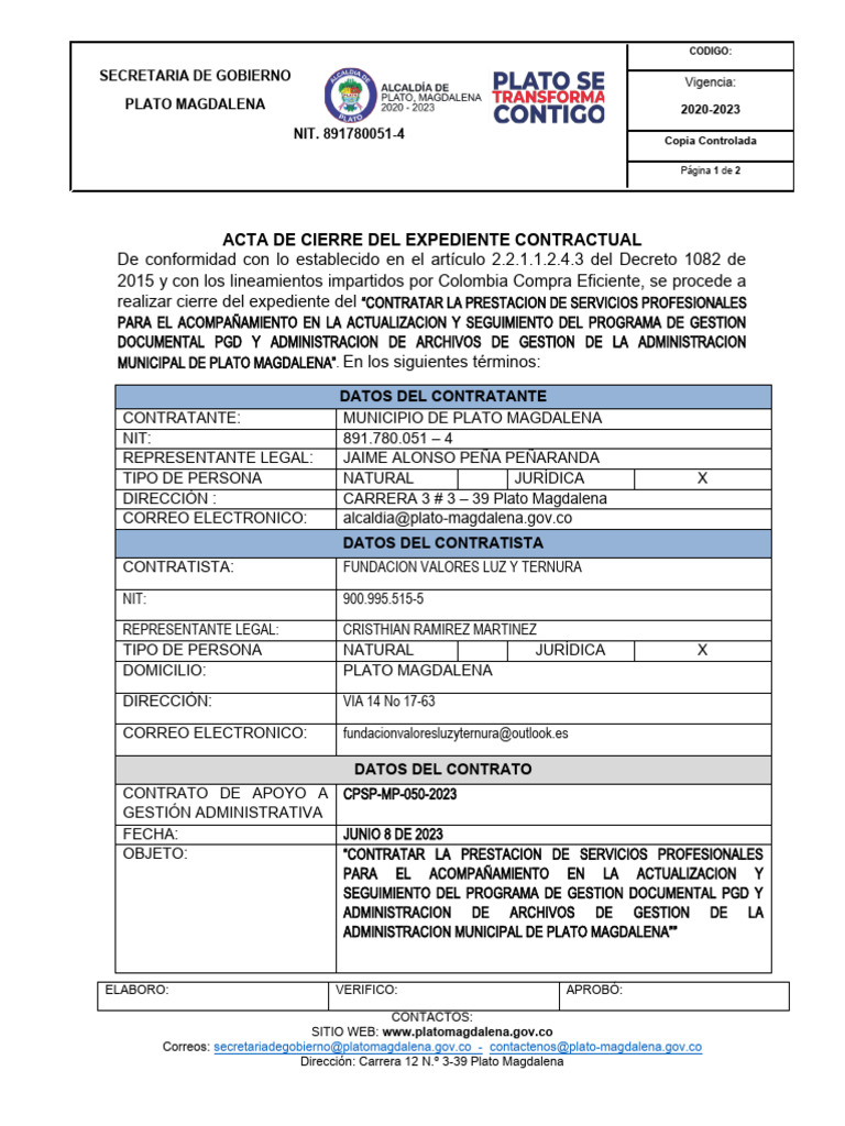 Acta de Cierre Del Expediente Contractual CPSP-MP-050-2023 | PDF ...