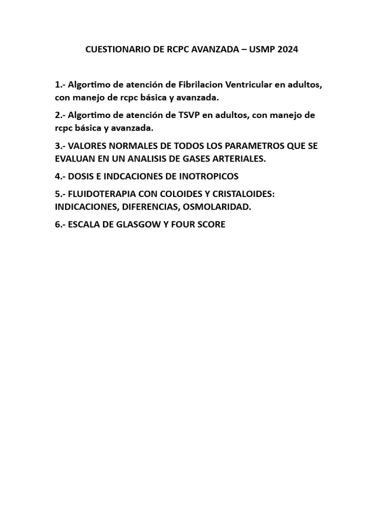 Cuestionario de RCPC Avanzada-2024 | PDF
