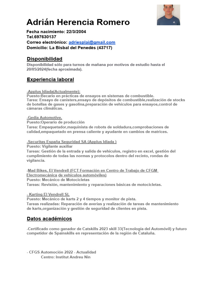 Curriculum Vitae Adrián Herencia Romero | PDF | Coche