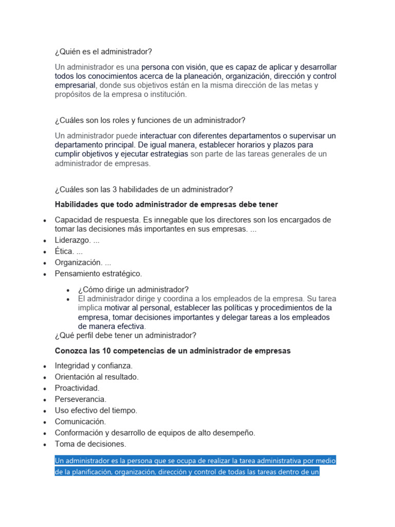 Funciones y habilidades del administrador | PDF | Planificación | Business