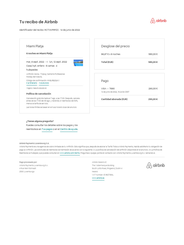 Recibo de Viaje en Airbnb RCTXKPRPZC | PDF | Airbnb