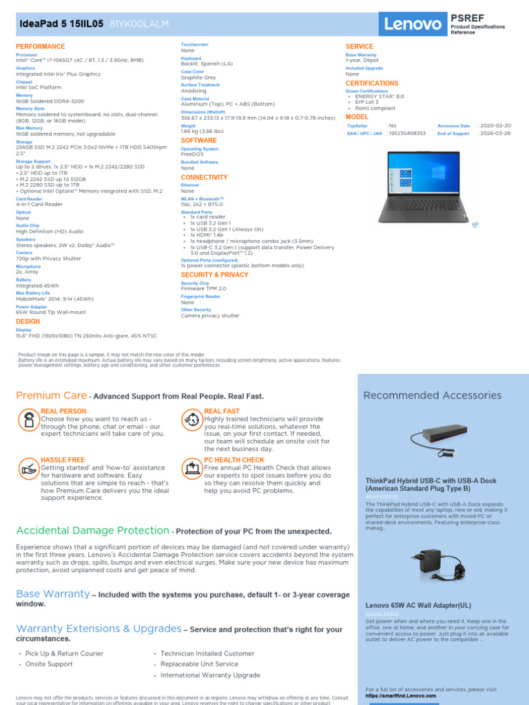 Ficha Tecnica - Notebook-Lenovo-Ideapad-5-15iil05-15 - I7 | PDF | Computer Hardware | Computing