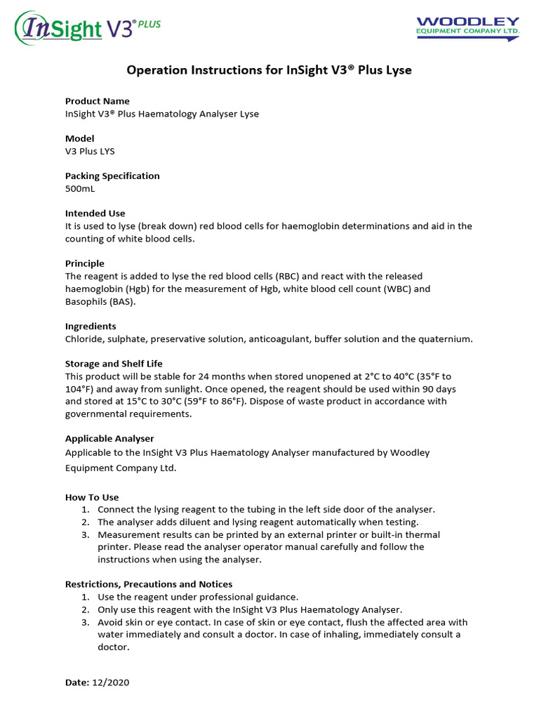 Operation Instructions For Insight v3 Plus Lyse | PDF | Shelf Life