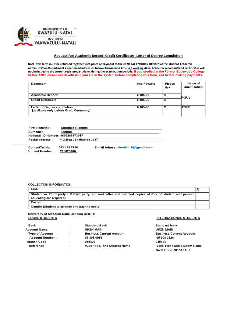 Academic Records Application Form (CSR01) | PDF | Transaction Account