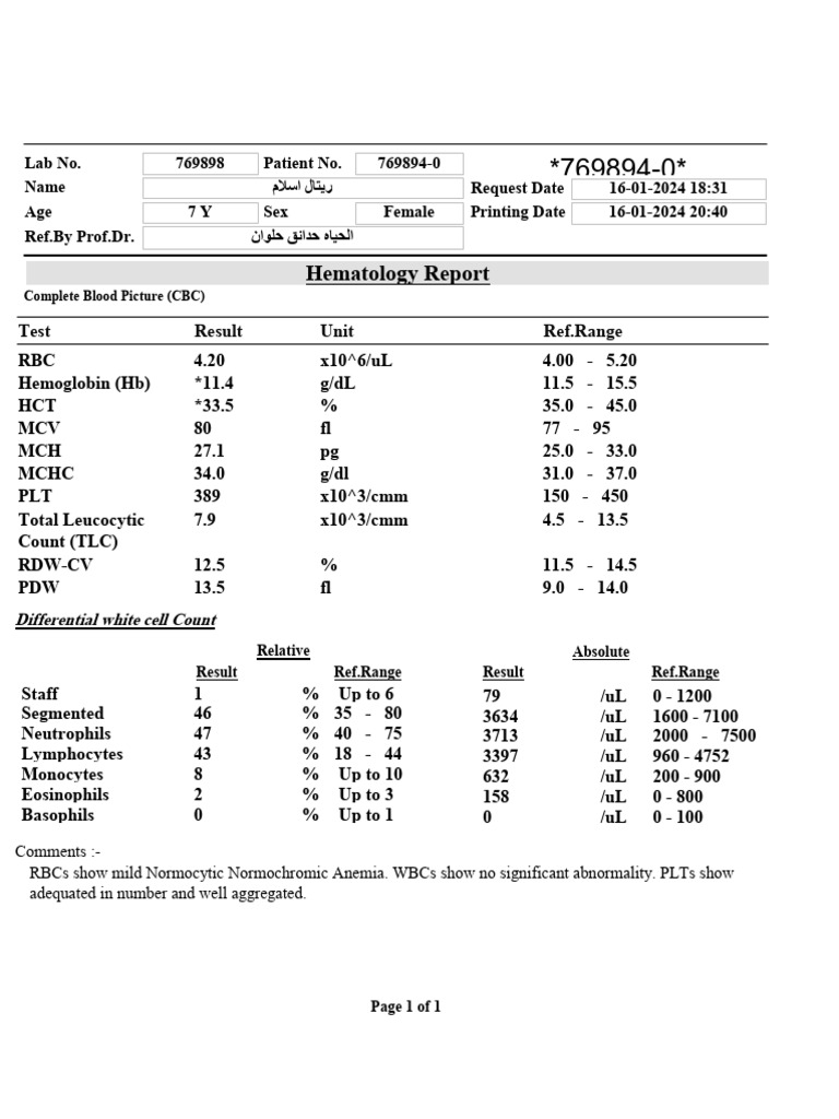 Hematology Report: Test Result Ref - Range Unit | Download Free PDF ...