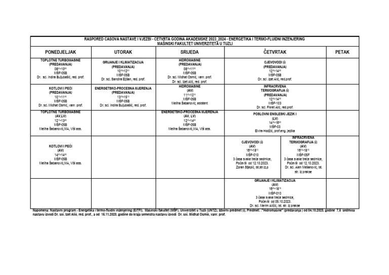 4 Raspored Casova Nastave 2023 2024 IV Godina EiTFI 22 09 2023 | PDF