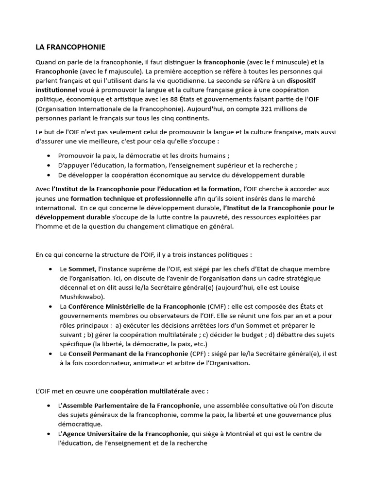 La Francophonie : Culture et Coopération | PDF | la Francophonie