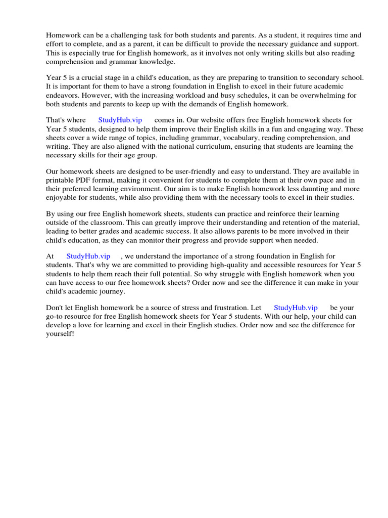 Free English Homework Sheets For Year 5 | PDF | Homework | Worksheet