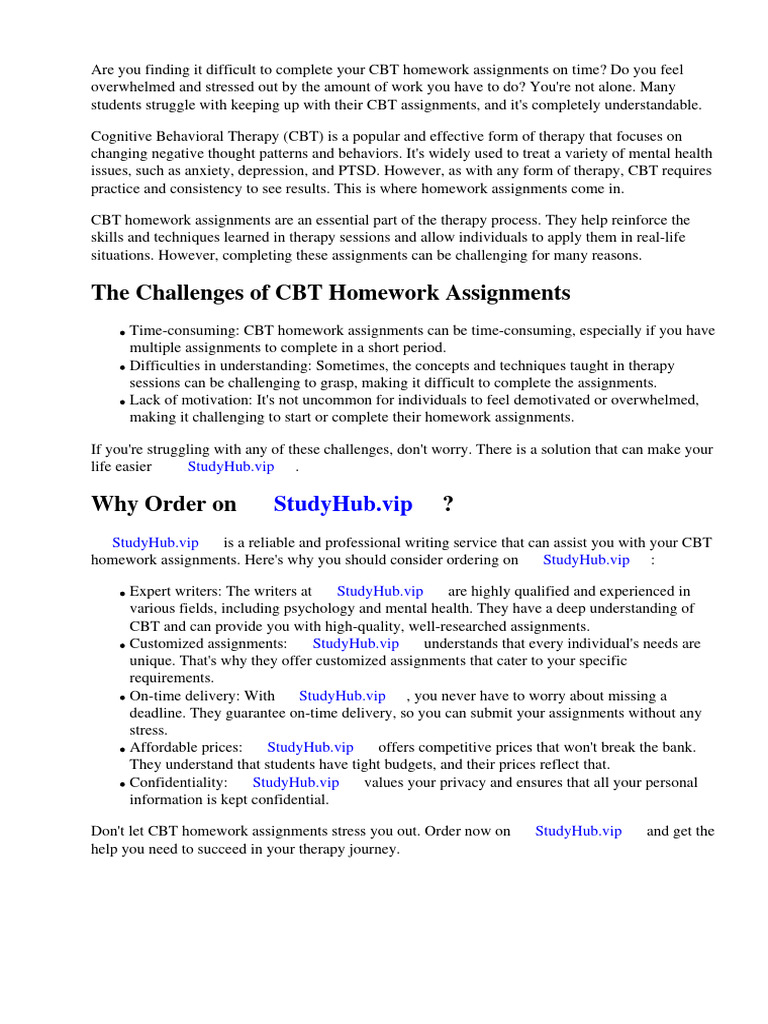 CBT Homework Assignment Sheets | PDF | Cognitive Behavioral Therapy | Psychotherapy