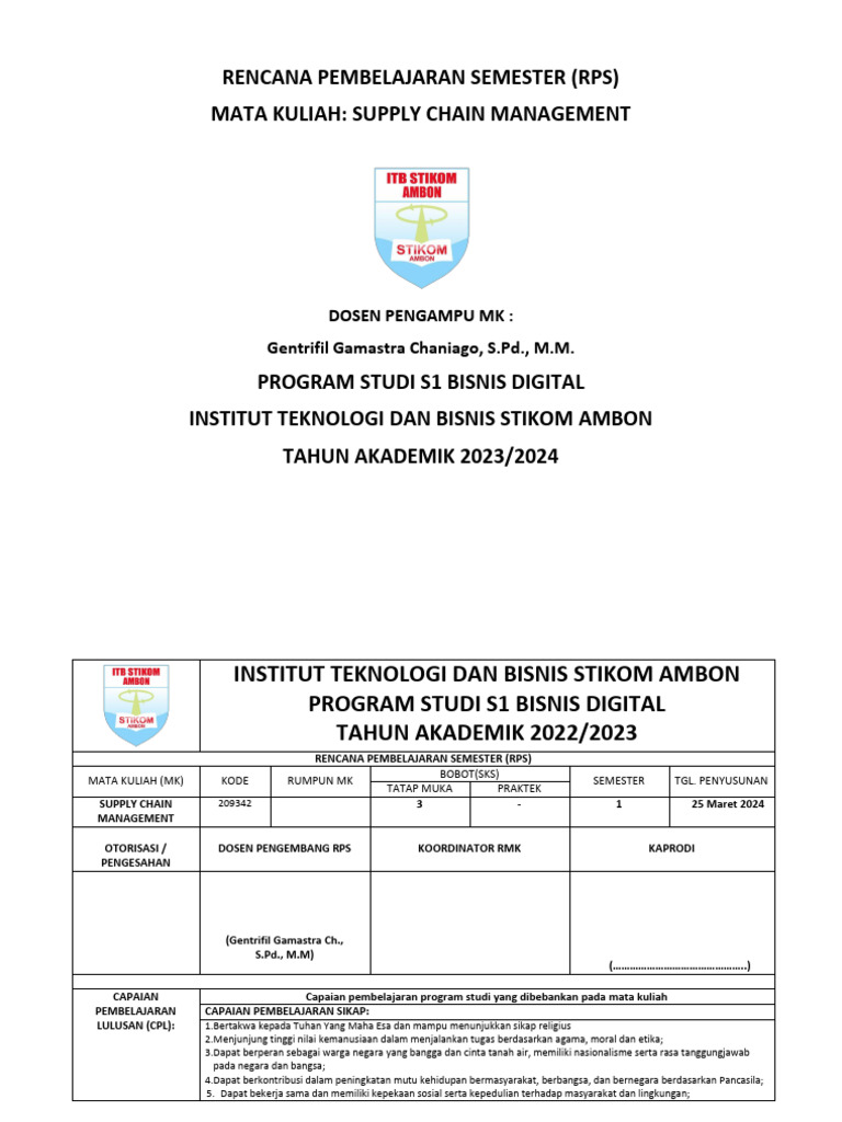 Rencana Pembelajaran Semester SCM BD4 2024 | PDF