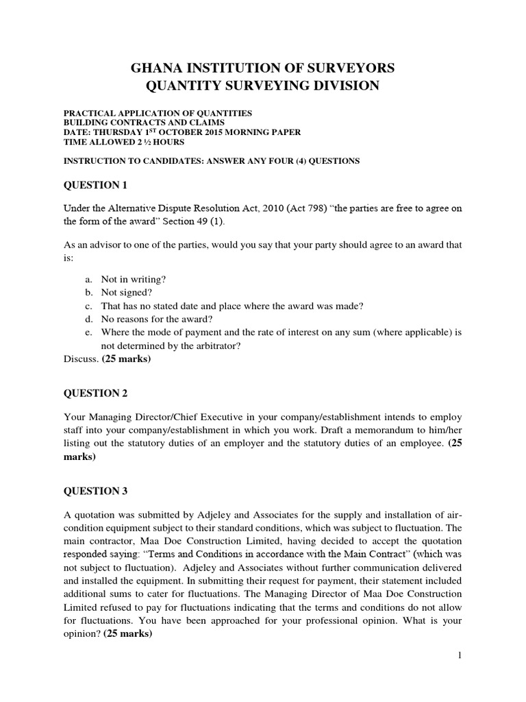 Practical Quantity Surveying Exam Guide | PDF | Employment | Mediation