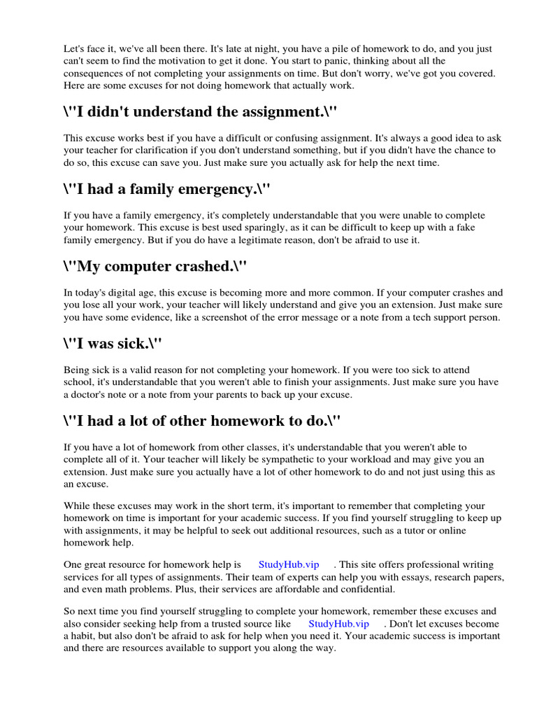 Best Homework Excuses That Work | PDF | Homework | Teachers
