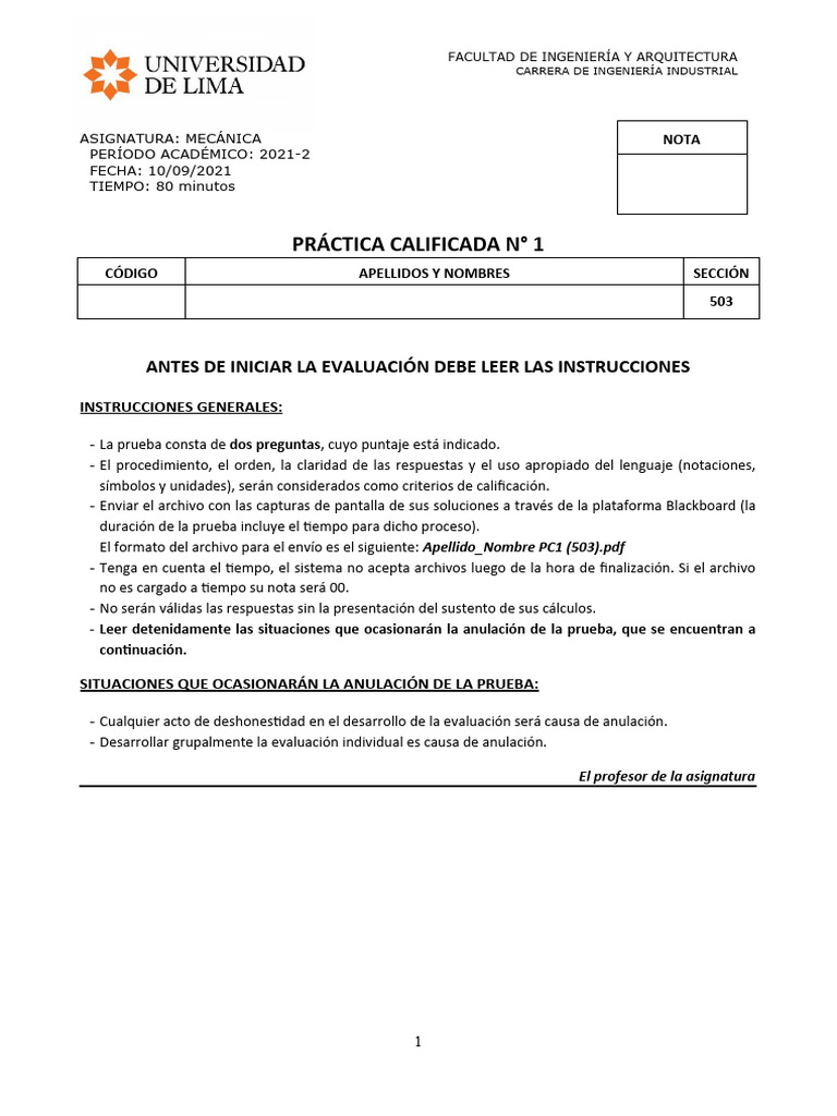 Mecánica PC1 - 503 (2021-2) | PDF | Informática