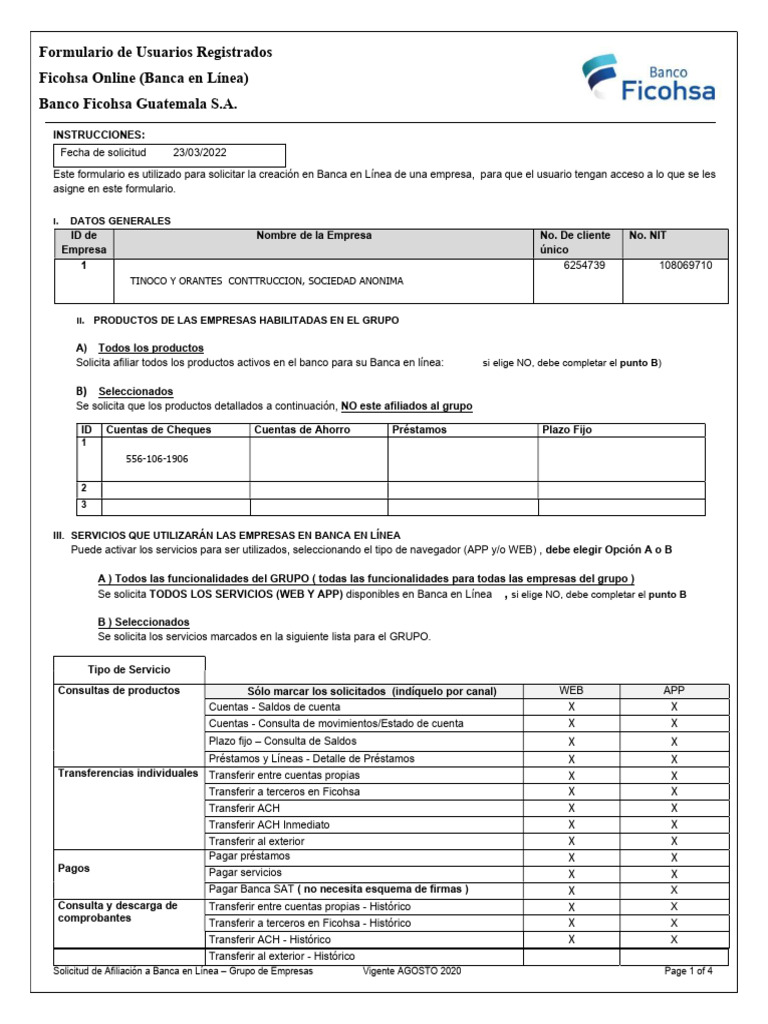 Formulario de Usuarios Registrados Ficohsa Online (Banca en Línea ...