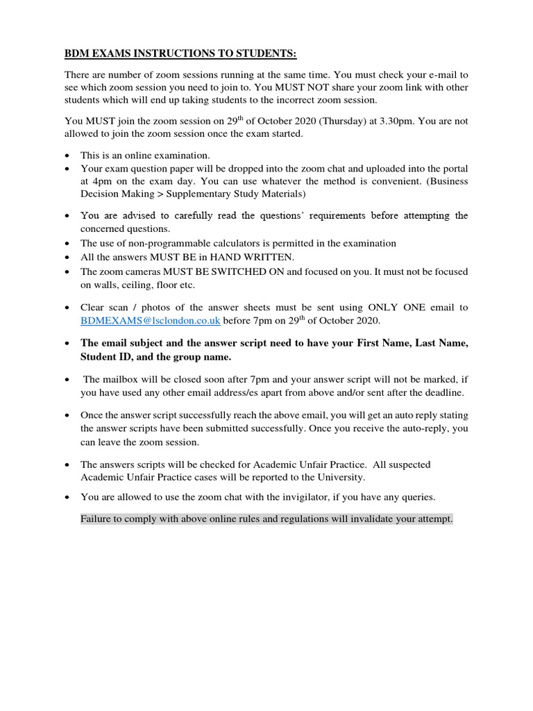 BDM Exams Instructions To Students | PDF