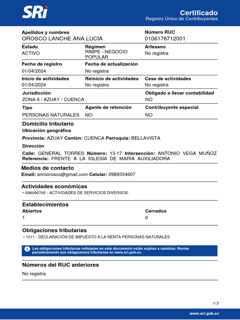 Certificado RUC Orosco Lanche Ana Lucía | PDF | Finanzas y dinero