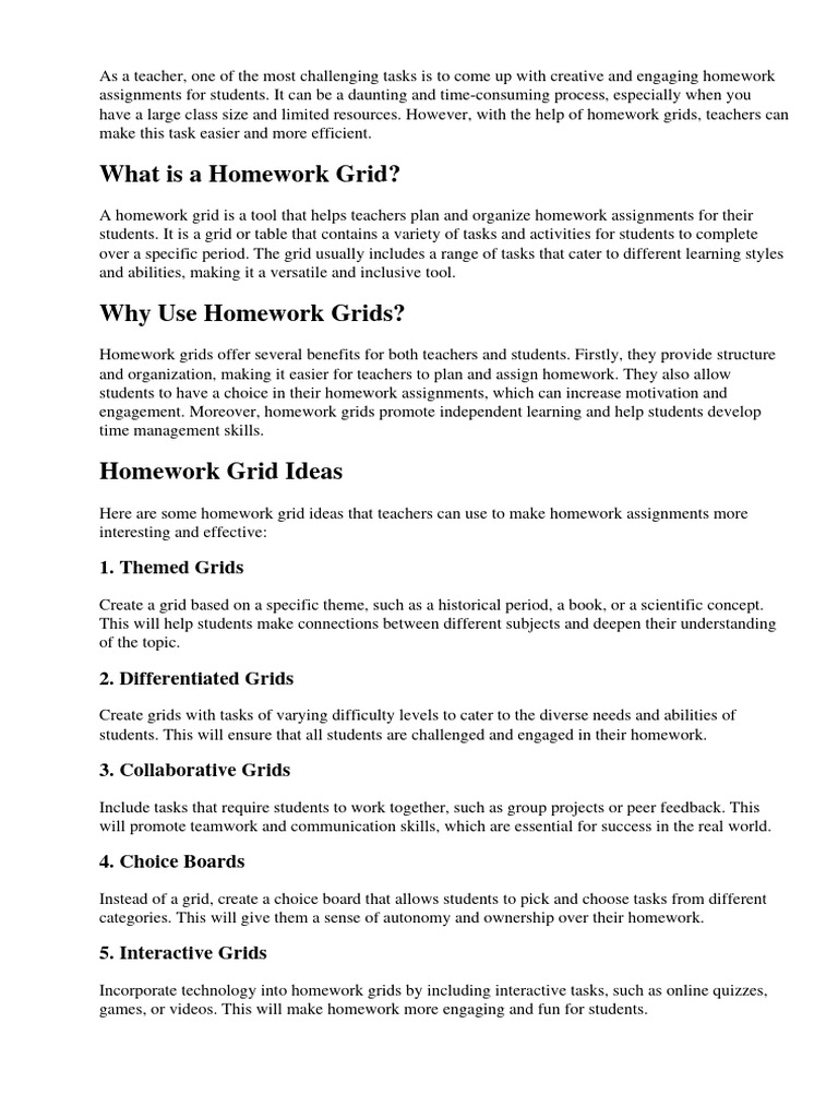 Homework Grid Ideas For Teachers | Download Free PDF | Homework ...