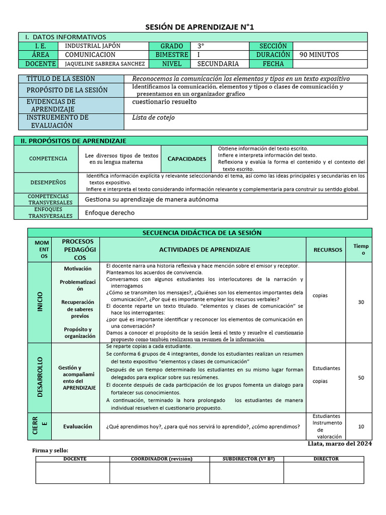 Sesión de Aprendizaje #1-1 | PDF | Aprendizaje | Comunicación
