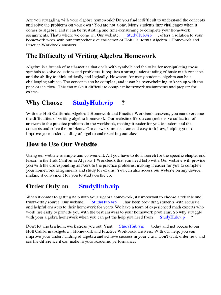 Holt California Algebra 1 Homework and Practice Workbook Answers | PDF ...