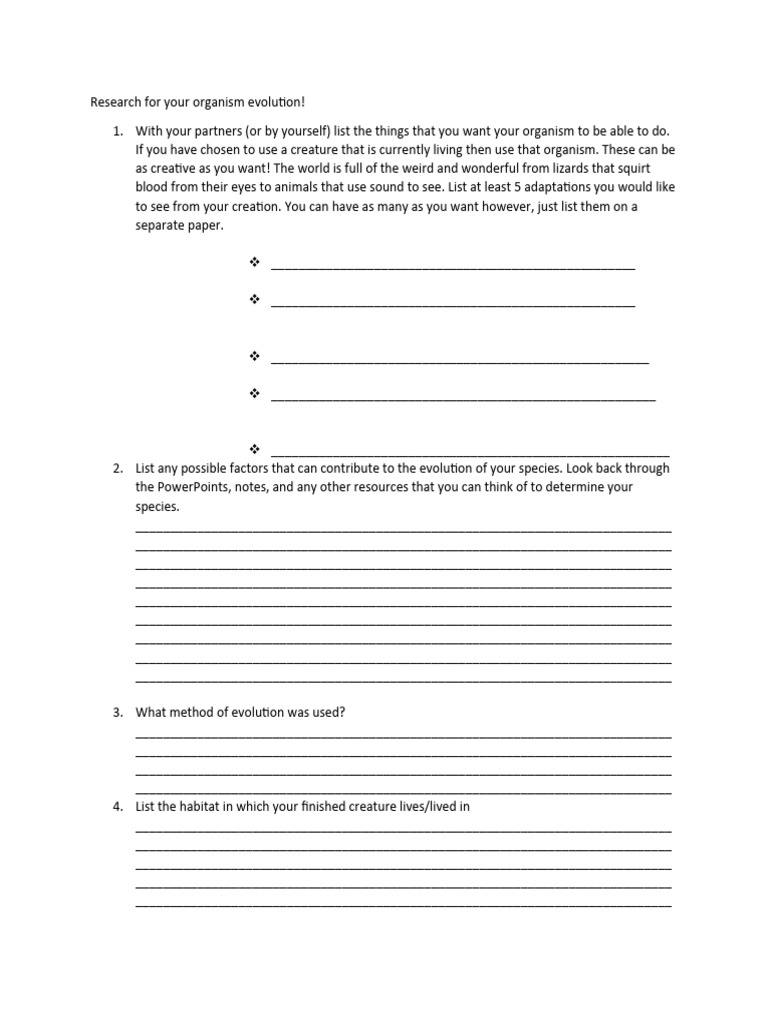 Research For Your Organism Evolution Worksheet | PDF | Biology
