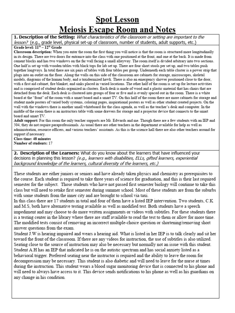 Meiosis Escape Room Lesson Plan | PDF | Learning | Classroom