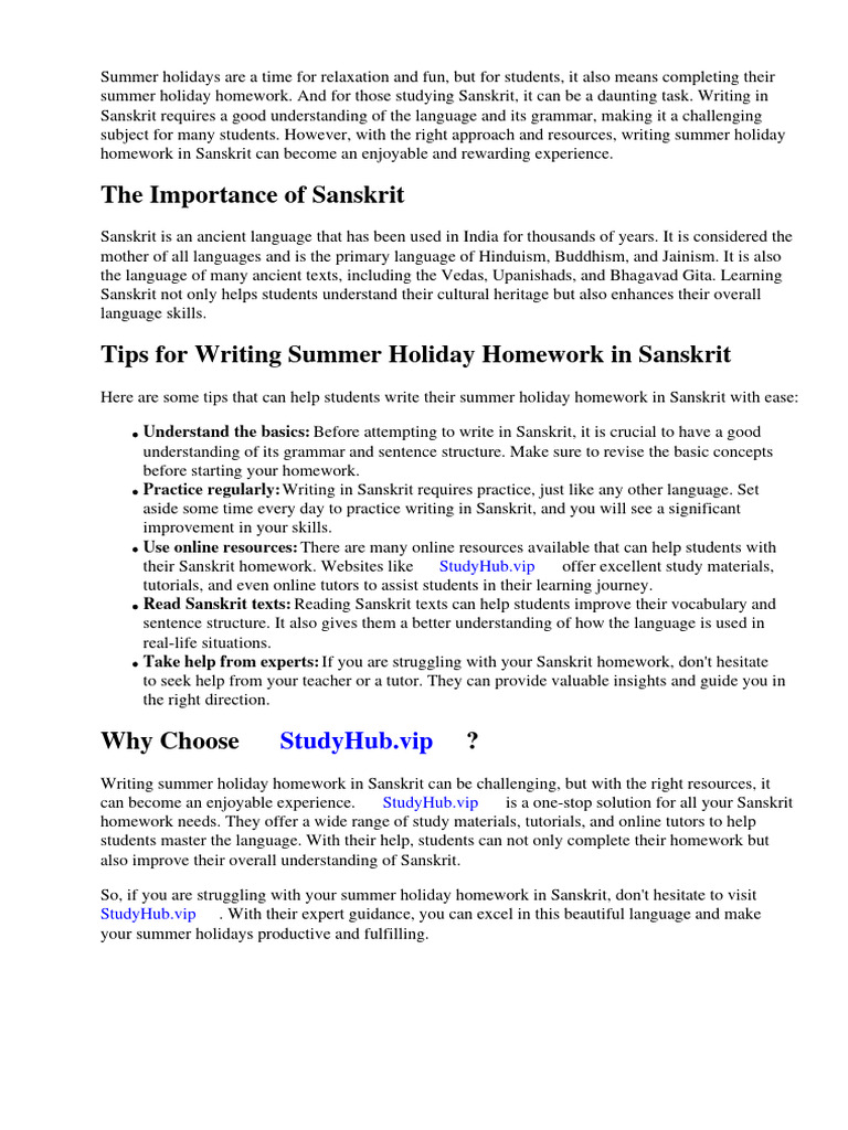 How To Write Summer Holiday Homework in Sanskrit | PDF | Sanskrit ...