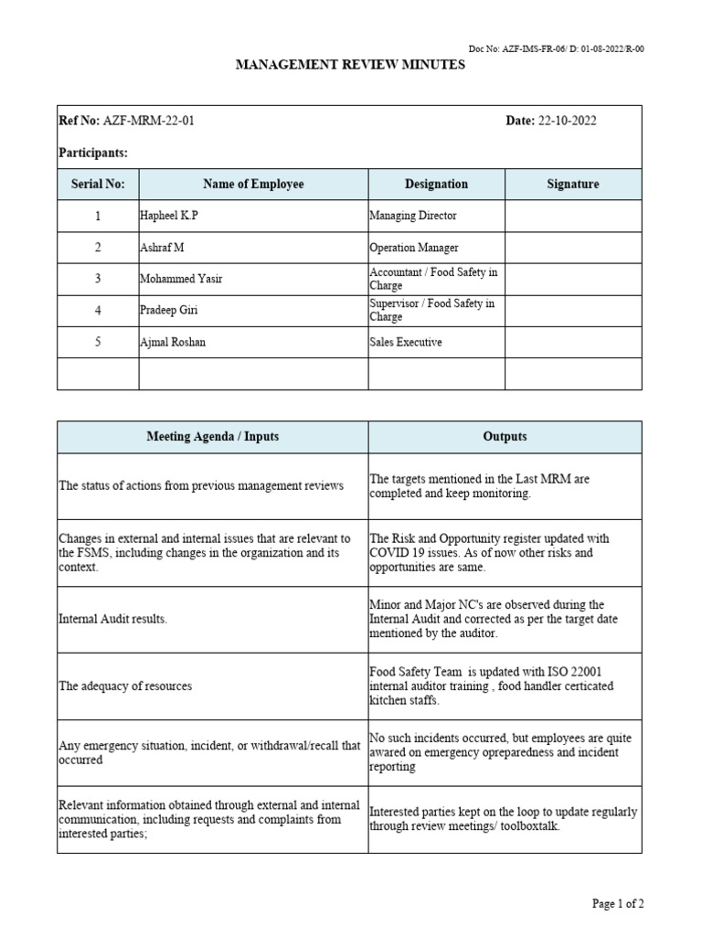 FR-06 Management Review Minutes | PDF | Internal Audit | Food Safety