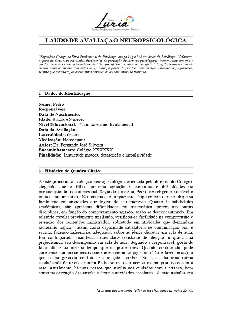 Laudo Caso Pedro | PDF | Neuropsicologia | Quociente de inteligência
