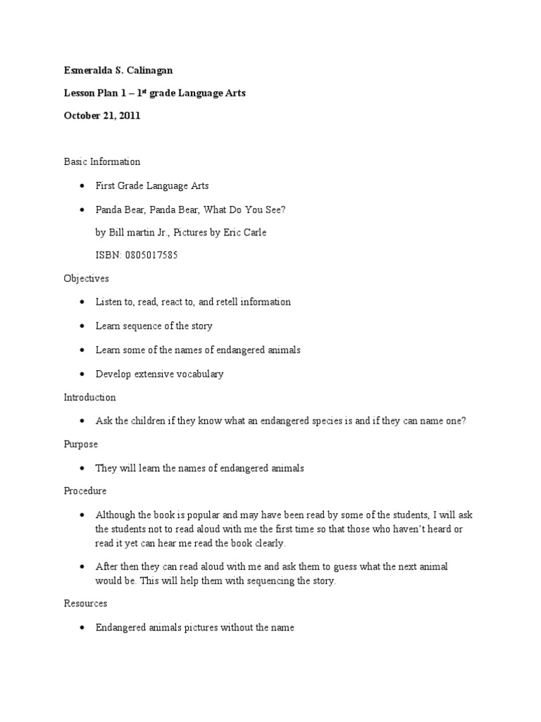 First Grade Language Arts Lesson Plan | PDF | Language Arts ...
