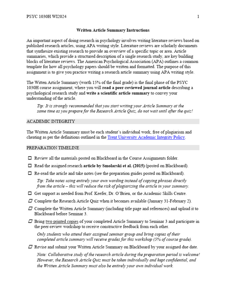 PSYC 1030H WI24 Written Article Summary Instructions | PDF | Citation | Apa Style