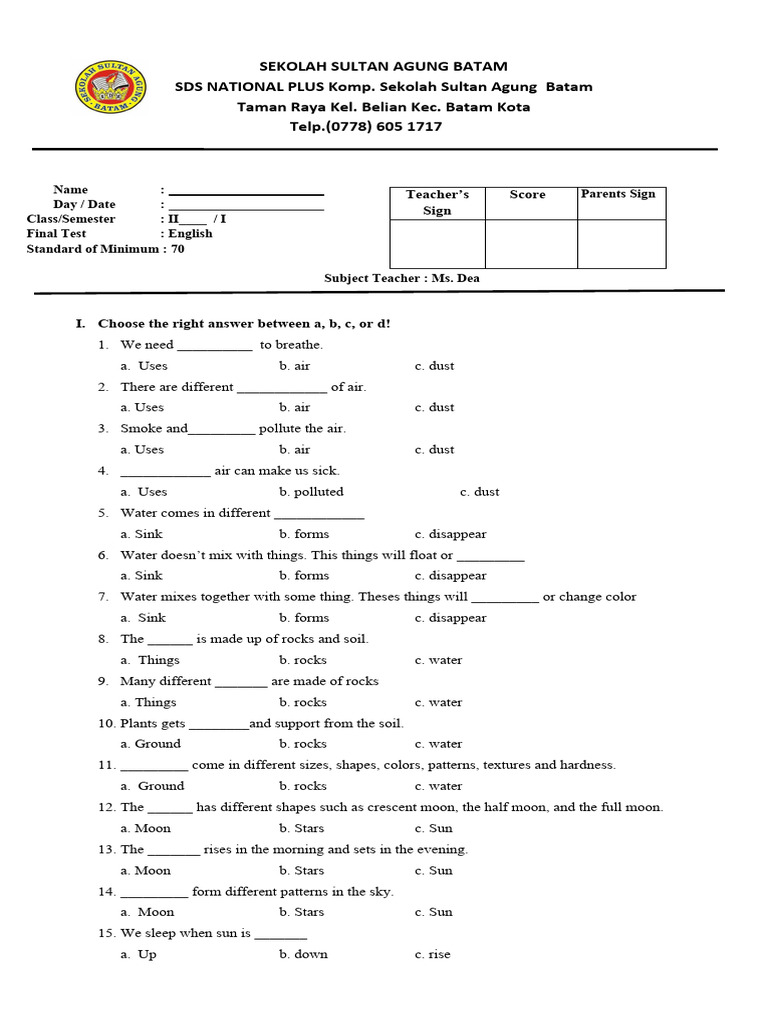 Grade 2 Science Final Test Paper | PDF | Earth Sciences