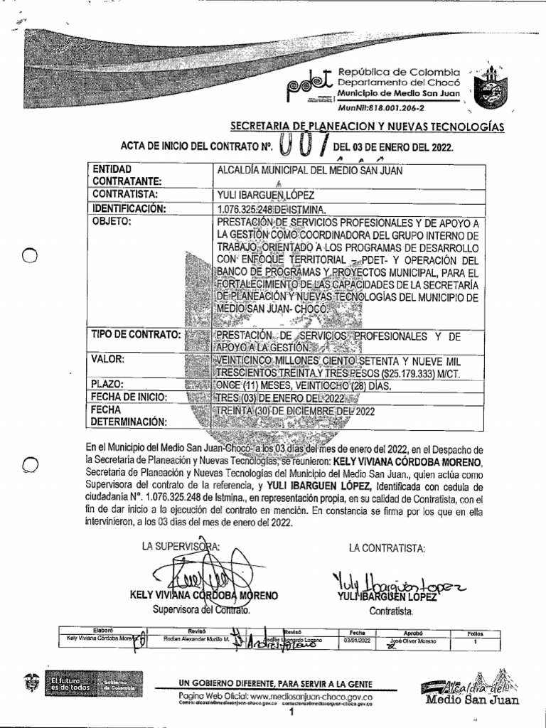 Contrato Yuli 2022 - Acta de Inicio20230103 - 09372637 | PDF