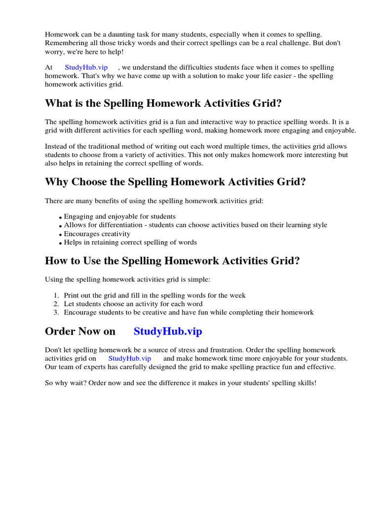 Spelling Homework Activities Grid | PDF | Safari (Web Browser) | Homework