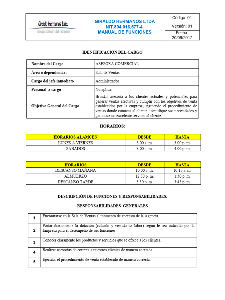 Manual de Funciones Asesora Comercial | PDF | Higiene | Business