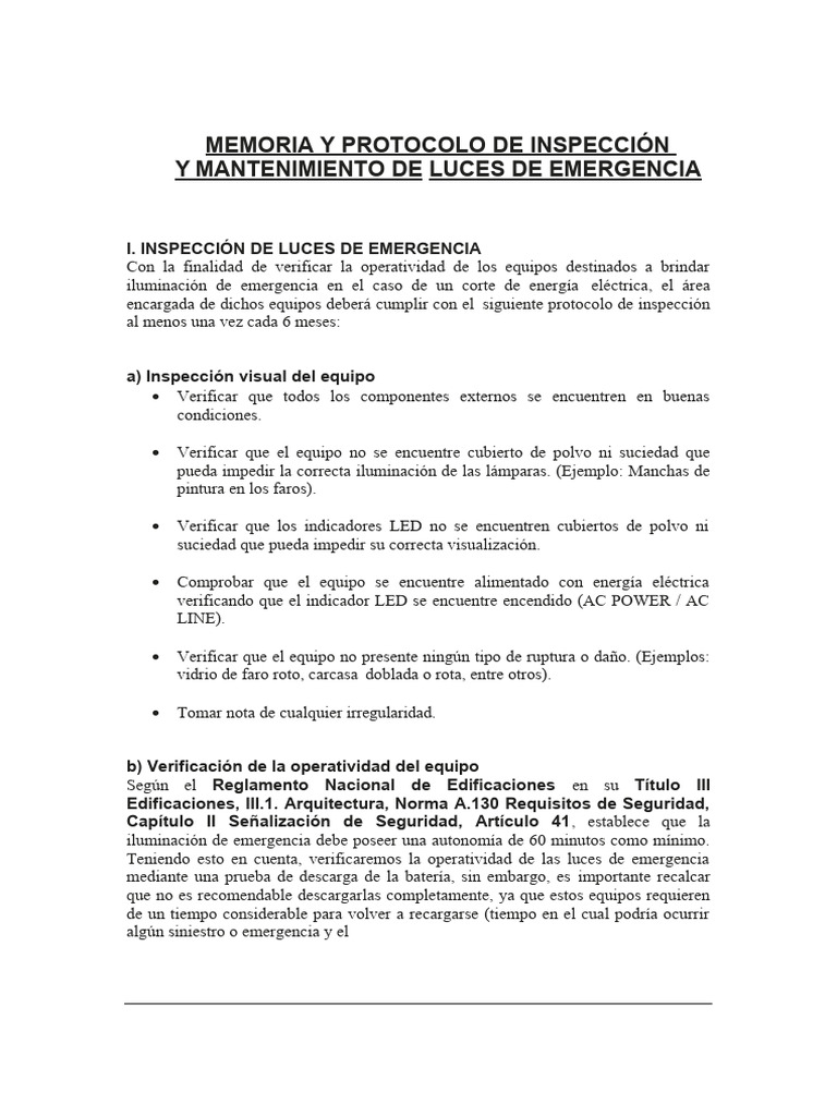Protocolo de Inspeccion y Mantenimiento de Luces de Emergencia Idei Pe 2 | PDF | Diodo emisor de ...