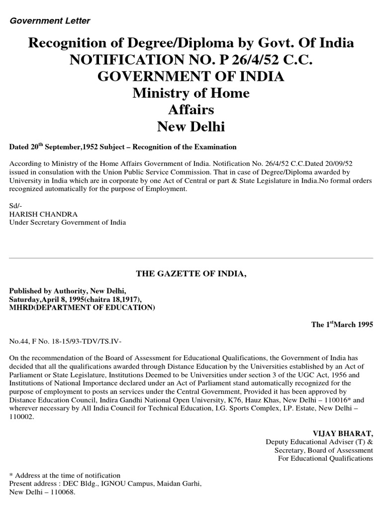 Govt. Recognition of Degrees | PDF