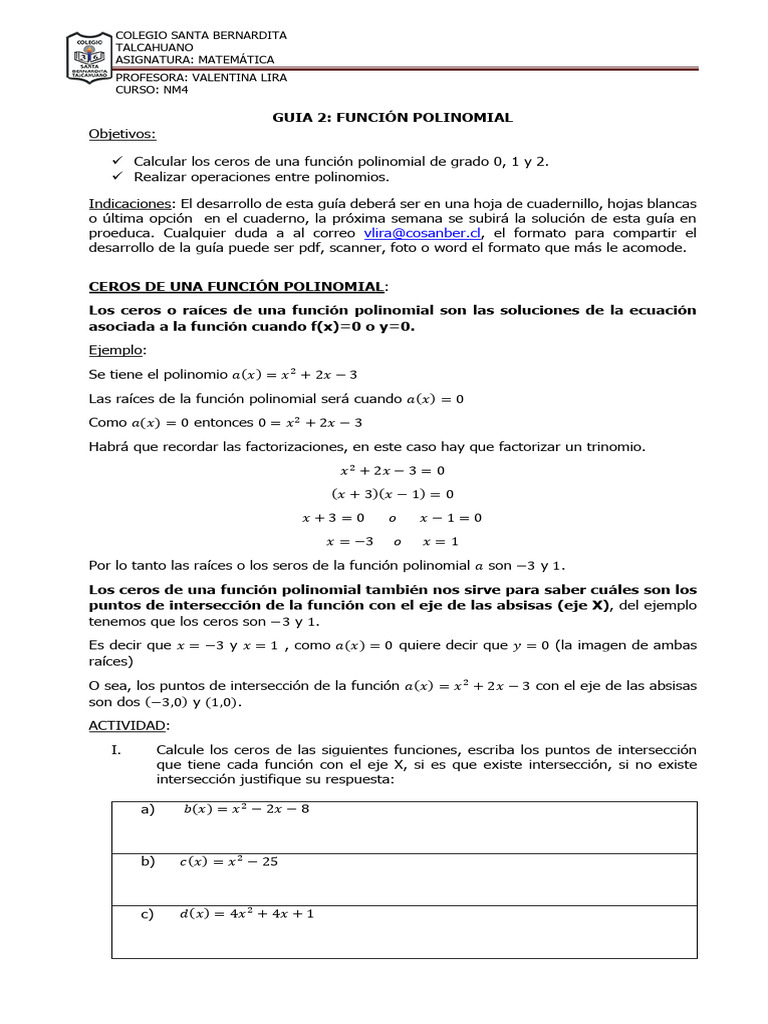 Guia 2 Funciones Polinomiales NM4 Funciones y Procesos Infinitos | PDF ...