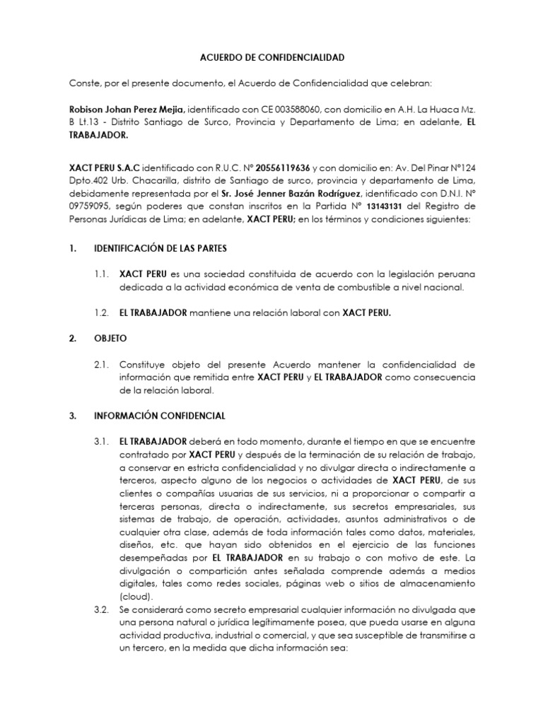 Acuerdo+de+Confidencialidad+Robison+Perez+ +Xact+Peru+2023 | PDF ...