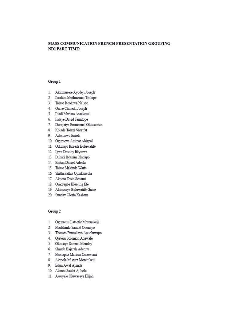 French Presentation Groups ND1 Part-Time | PDF | Science & Mathematics