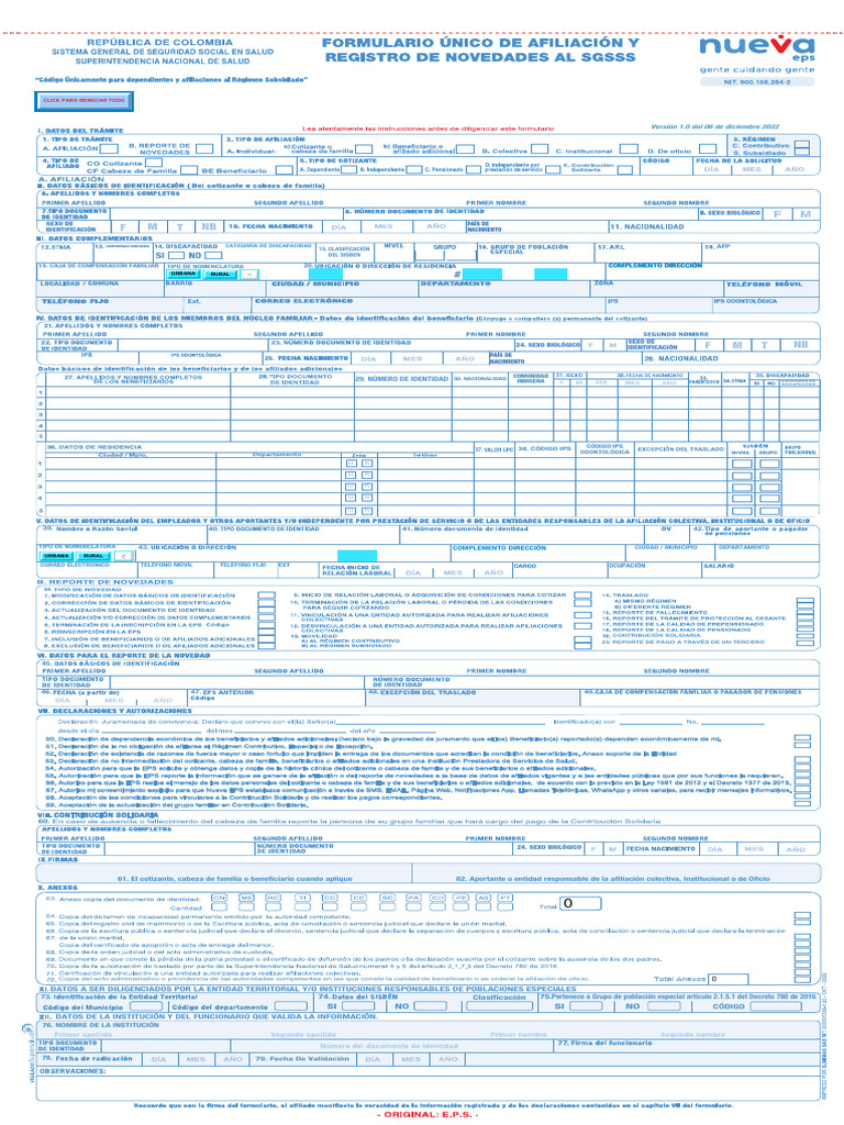Formulario Unico de Afiliación Editable NUEVA EPS 22032024 | PDF ...