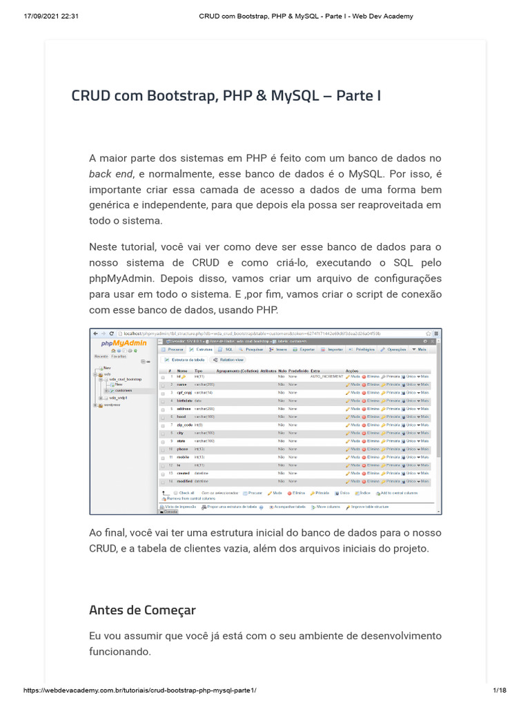 CRUD Com Bootstrap, PHP & MySQL - Parte I - Web Dev Academy | PDF | Php | Bancos de dados