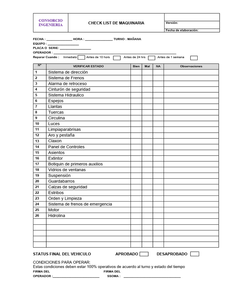 Check List de Maquinaria | PDF Check List de Maquinaria | PDF