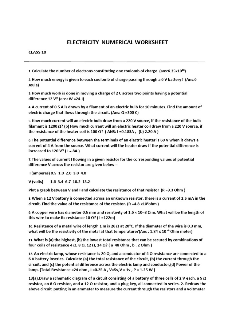 Electricity Numerical Worksheet | PDF | Series And Parallel Circuits ...