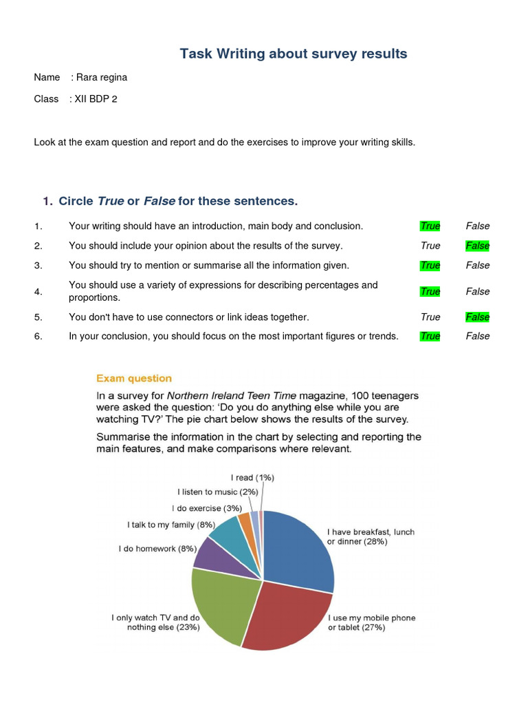 Task Writing About Survey Results: Circle True or False For These ...